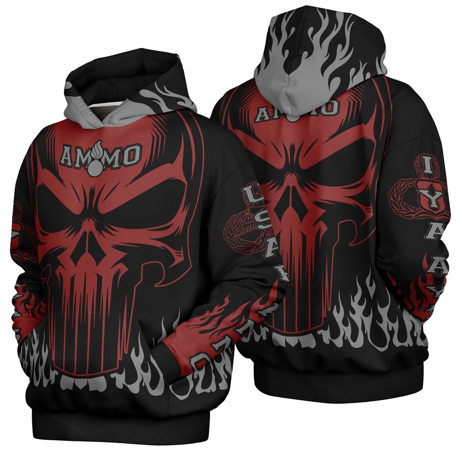 AMMO Skull Flames Black Red Grey Heavyweight Oversized Cold Weather Ho ...
